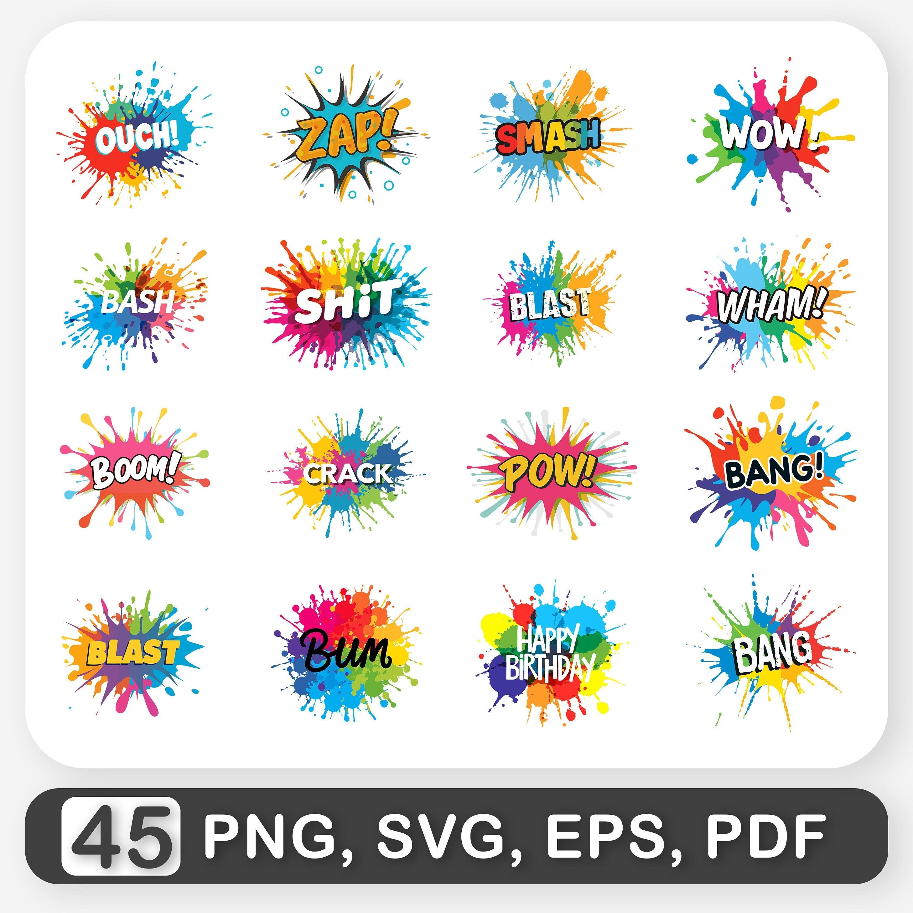 Comic Style Bubbles TEXT PNG CLIPART - Bundle of 45 Png | Svg | Eps ...
