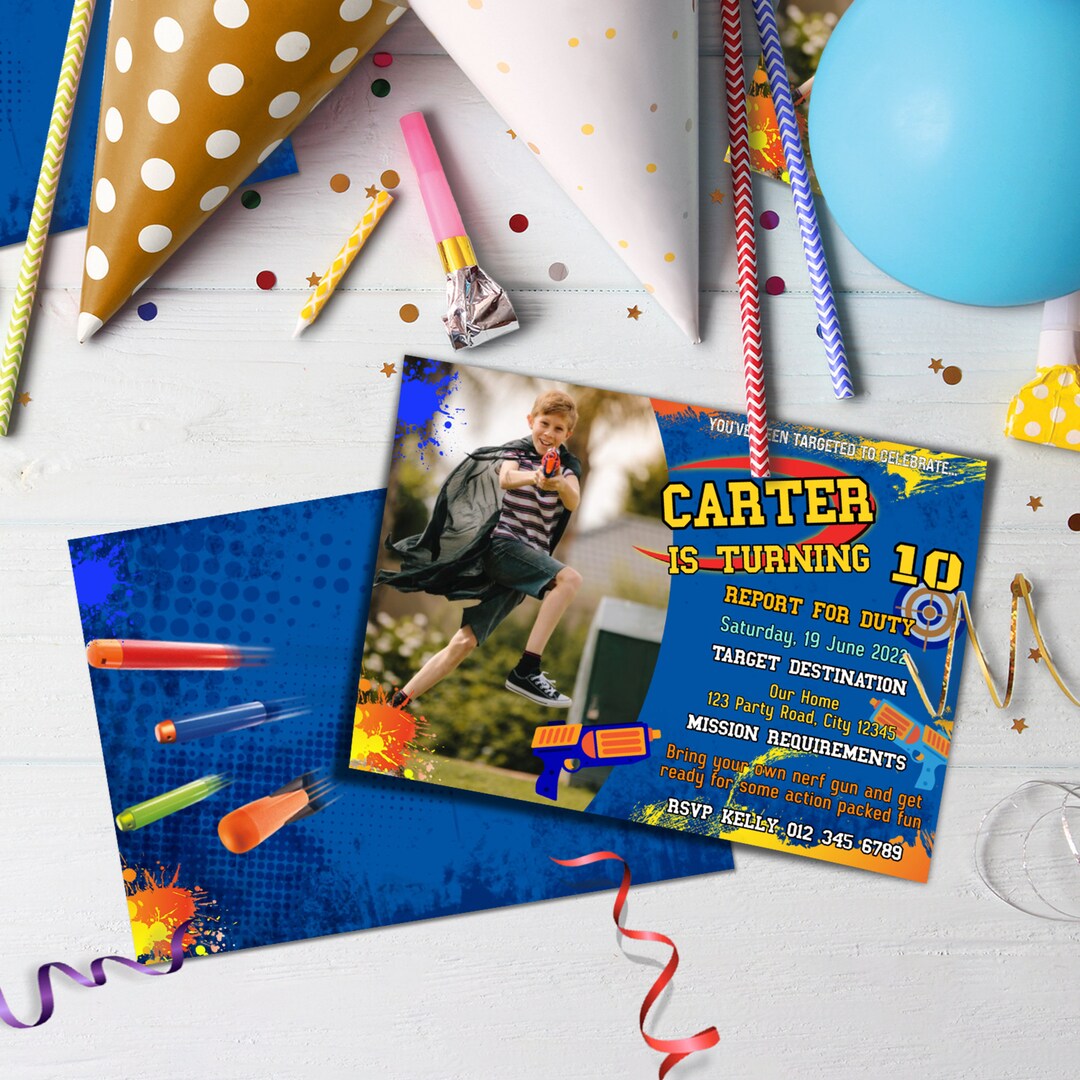 Printable Dart Gun Birthday Invitation With Photo Gun War Invitations ...
