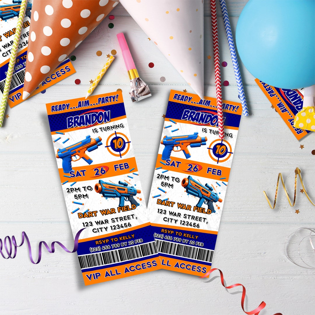Editable Dart Gun Ticket Invitation Gun War Birthday Invitation Water ...