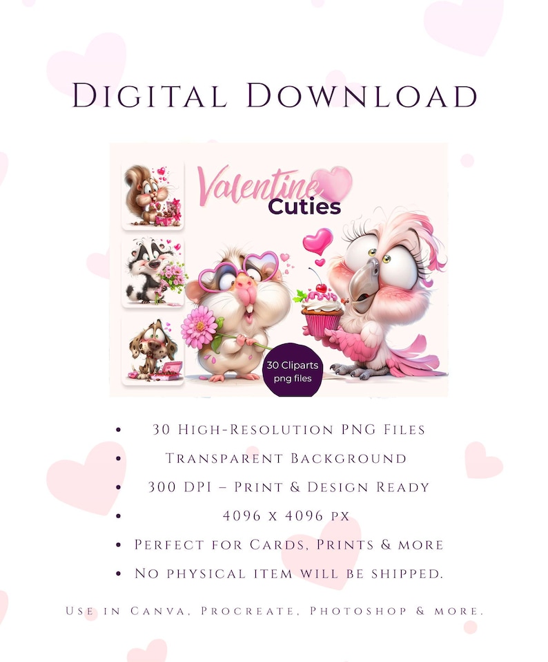 Valentine Cuties Clipart Bundle – 30 Cute Valentine Animals PNG ...