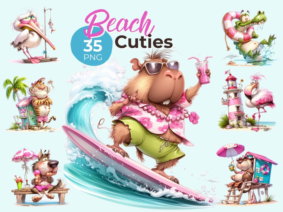 Beach Cuties Clipart Bundle PNG – Cute Summer Animals, Tropical ...