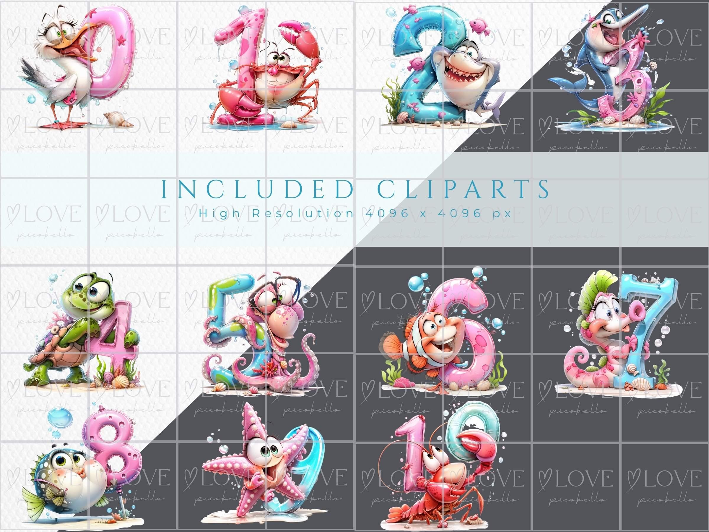 Birthday Numbers Clipart Ocean Theme, Cute Sea Animals Numbers PNG ...