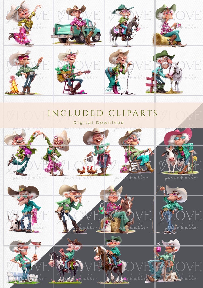 Western Grandma & Grandpa Clipart Bundle – Funny Cowboy Seniors PNG ...