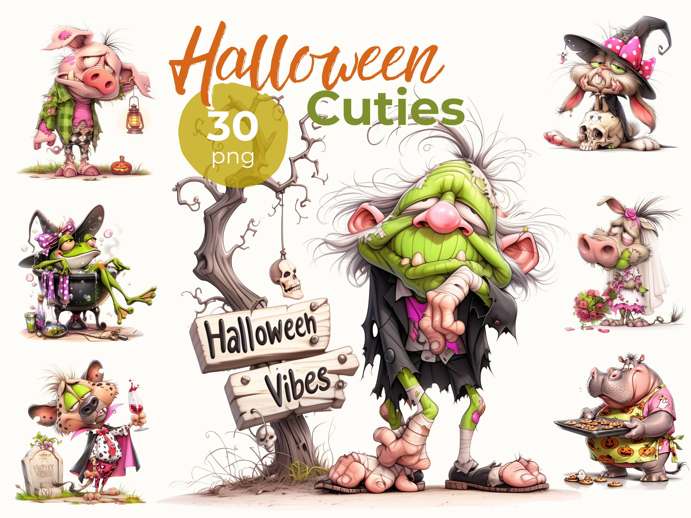 Halloween Cuties Clipart Bundle, 30 PNG Cute Spooky Animals, Funny ...