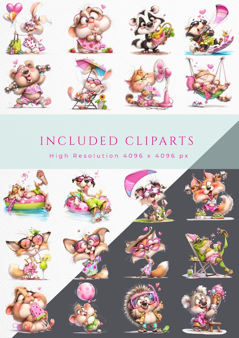 Cute Summer Animals Clipart, Funny Cartoon Animal Illustrations for ...