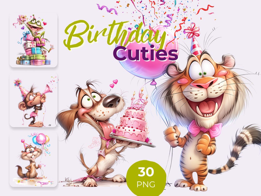 Birthday Cuties Bundle – Cute Birthday Animal Cartoon Clipart, Funny ...