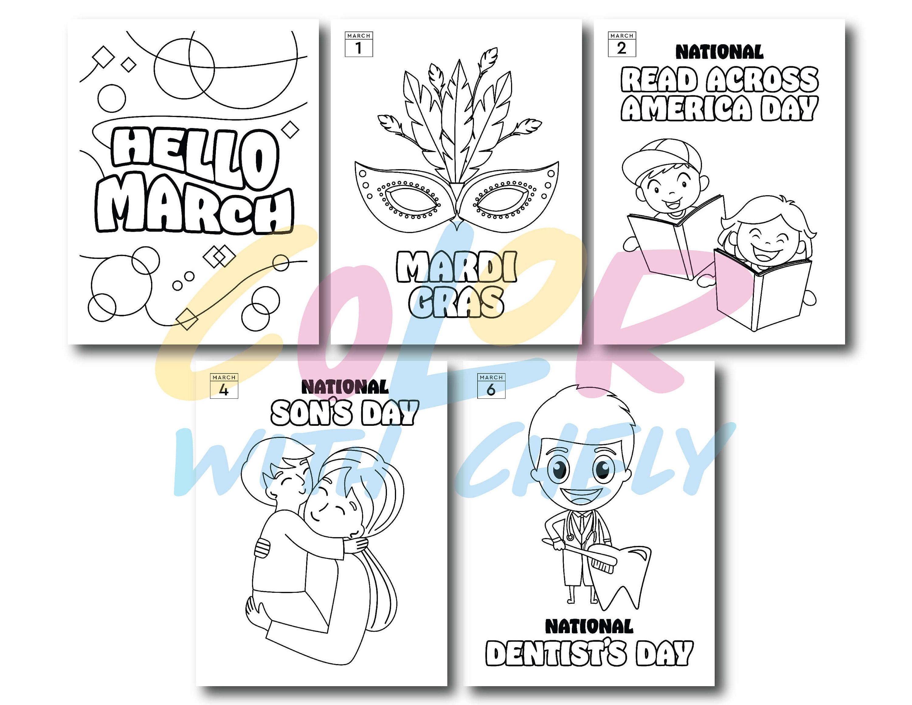 March Coloring Pages Bundle | Celebrating the Special Days of March. - Etsy