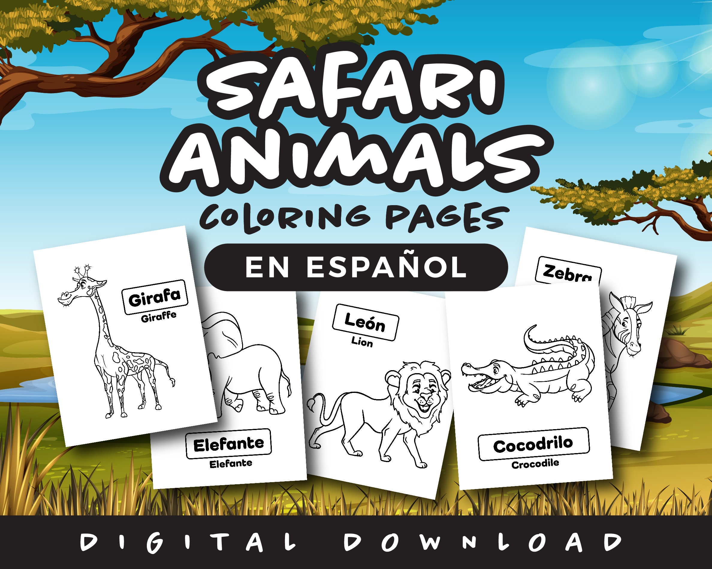 Learn Spanish With Safari Animal Coloring Pages | Aprende Español Con ...