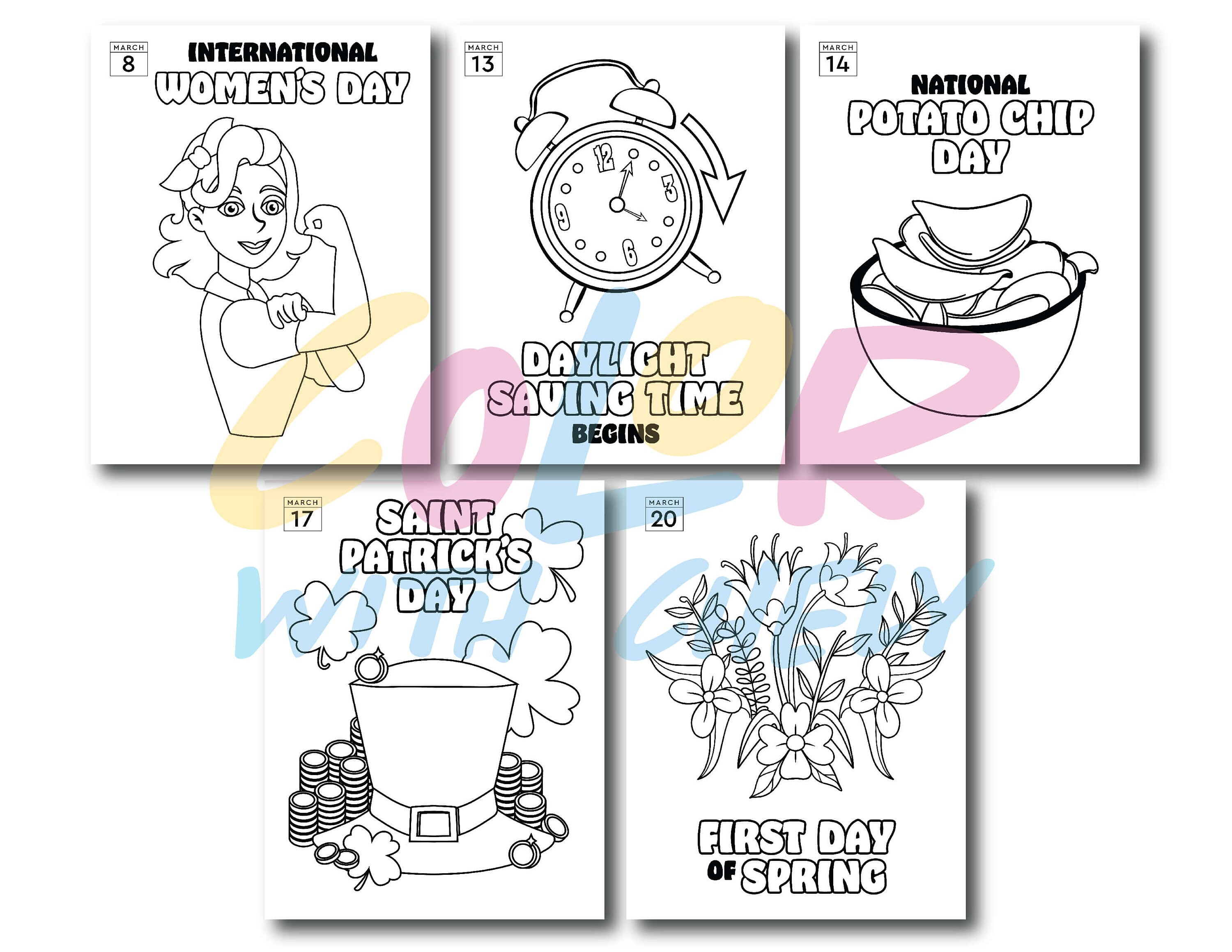 March Coloring Pages Bundle | Celebrating the Special Days of March. - Etsy