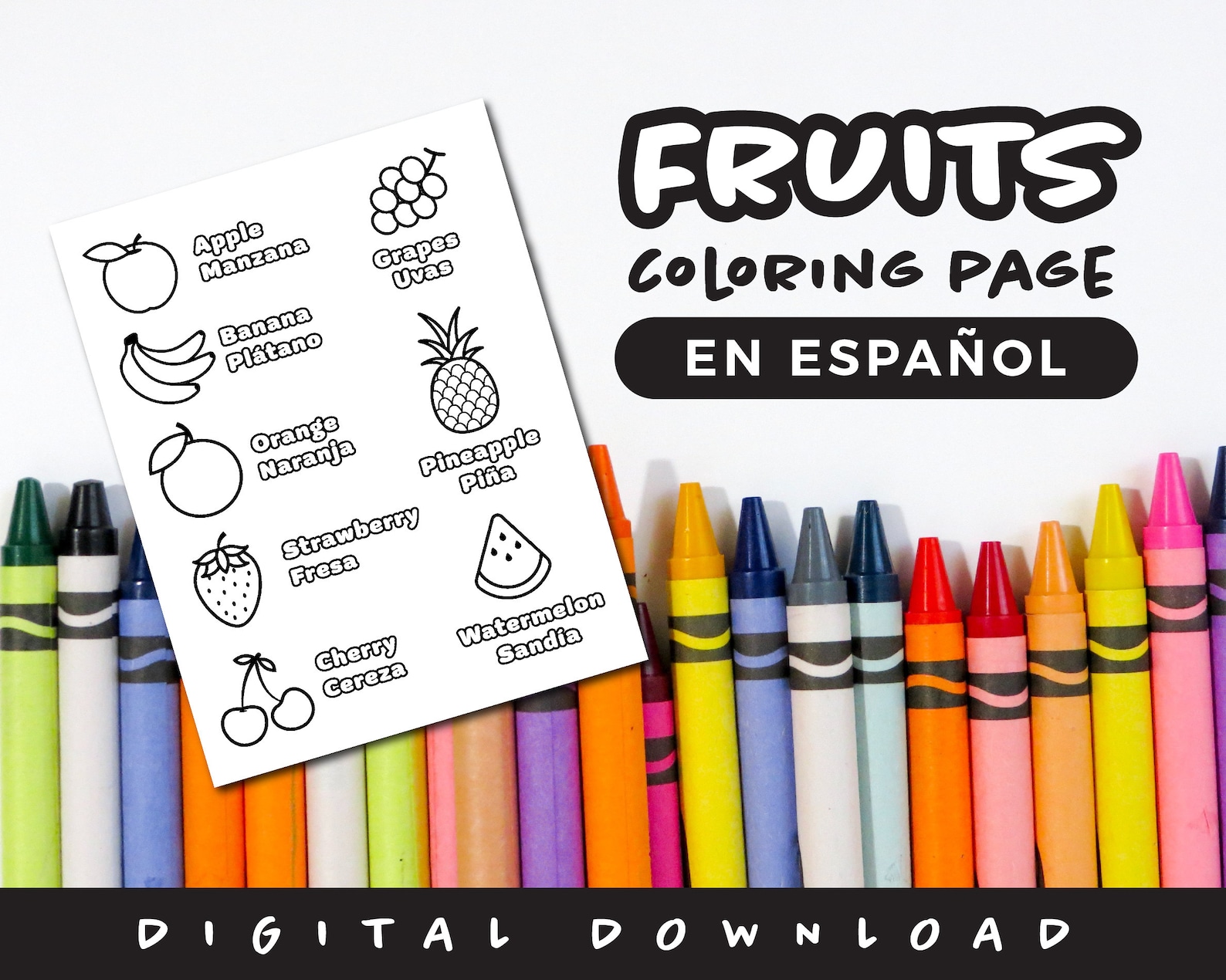 Fruits in Spanish Coloring Page instant Download Learn the Fruits in ...