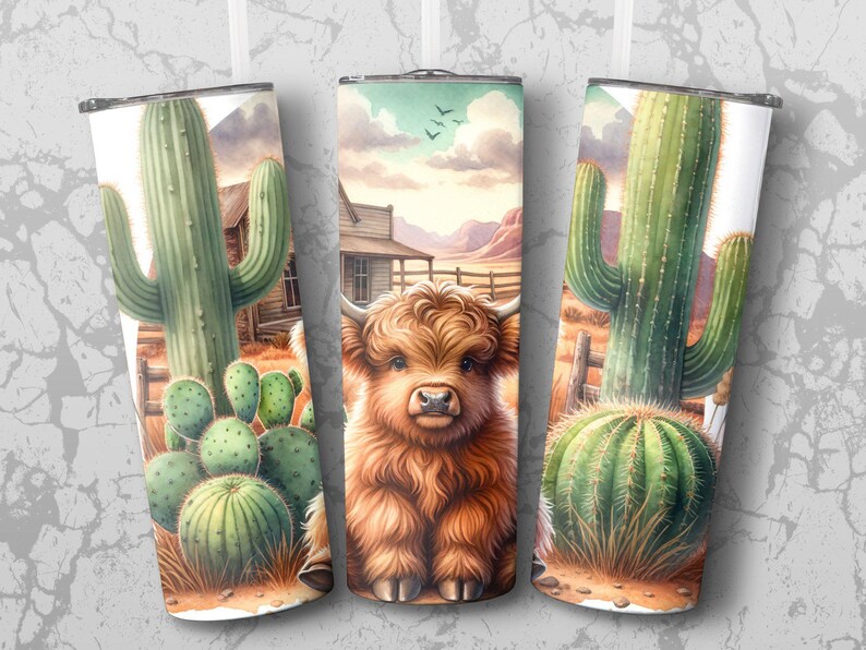 Highland Cow With Cactus Tumbler Wrap 20 Oz Skinny Tumbler Sublimation ...