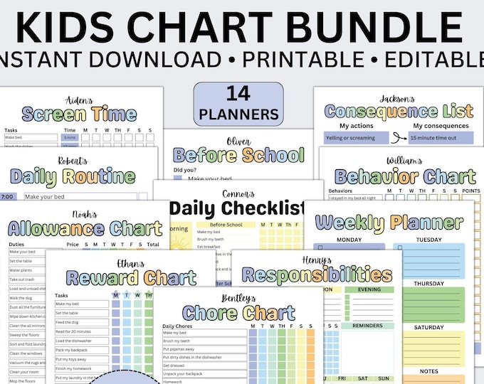 Chore Charts for Kids Editable Responsibility Chart School Routine ...