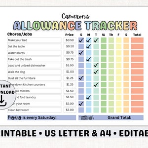 Allowance Tracker for Kids How to Earn Money Chart EDITABLE Allowance ...