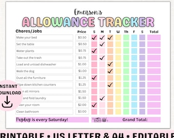 How to Earn Money Chart for Kids Allowance Tracker EDITABLE Allowance ...