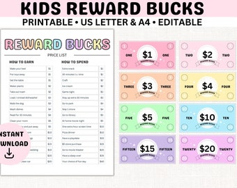 Editable Kids Reward Bucks PRINTABLE Reward Chart for Kids Reward ...