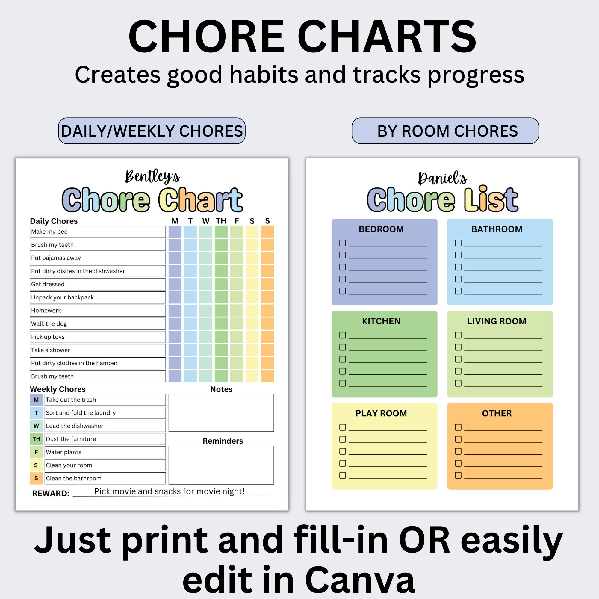 Chore Charts for Kids Editable Responsibility Chart School Routine ...