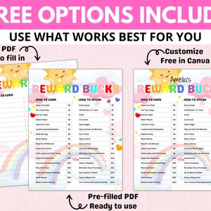 Rainbow Reward Chart of Kids Editable Kids Reward Bucks PRINTABLE ...