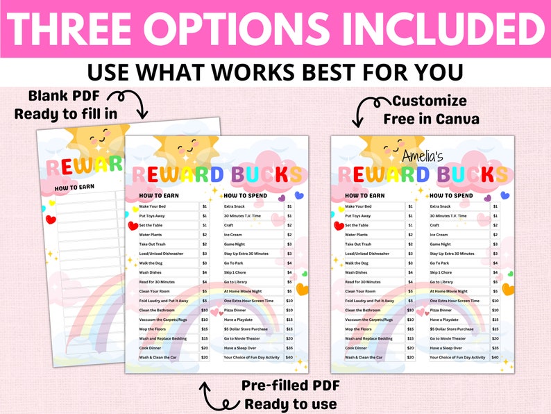 Rainbow Reward Chart of Kids Editable Kids Reward Bucks PRINTABLE ...