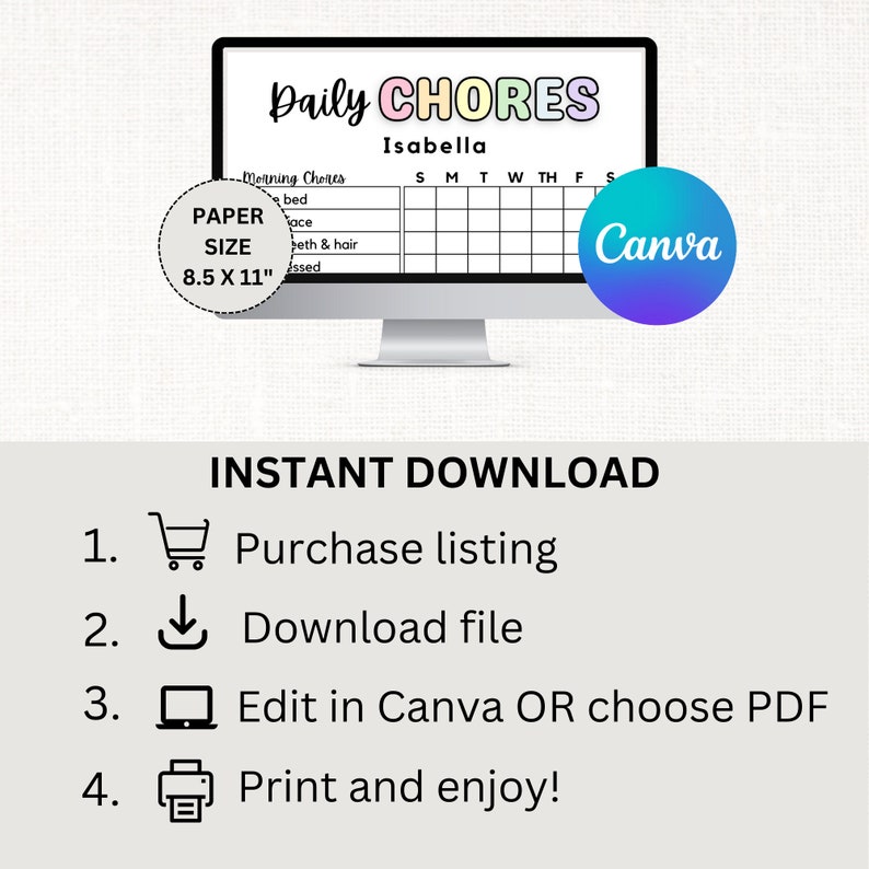 Chore Chart for Kids PRINTABLE Teen Chore Chart EDITABLE Morning ...