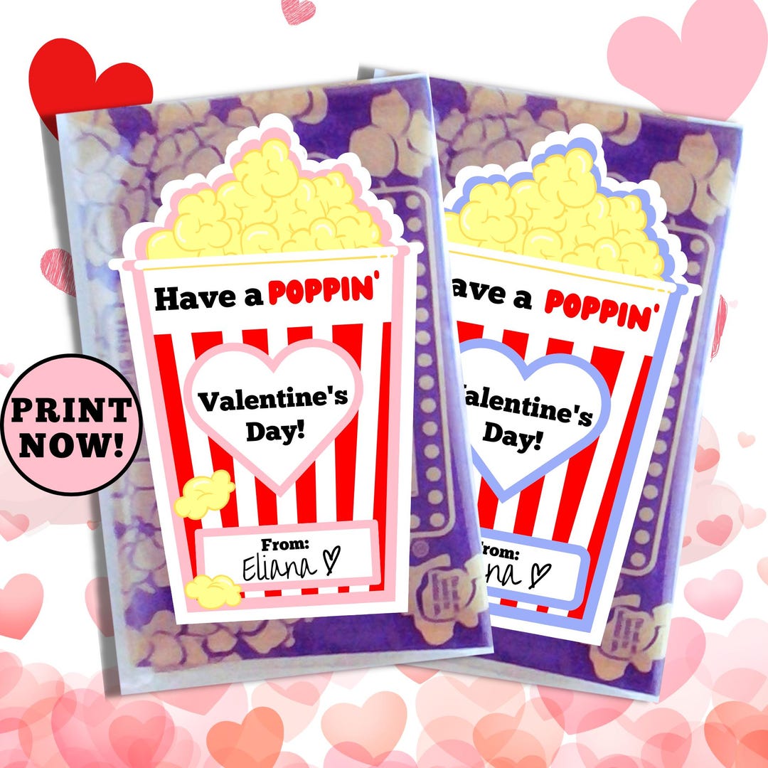 Printable Valentine Popcorn Tag Valentine's Day Card Kids School ...