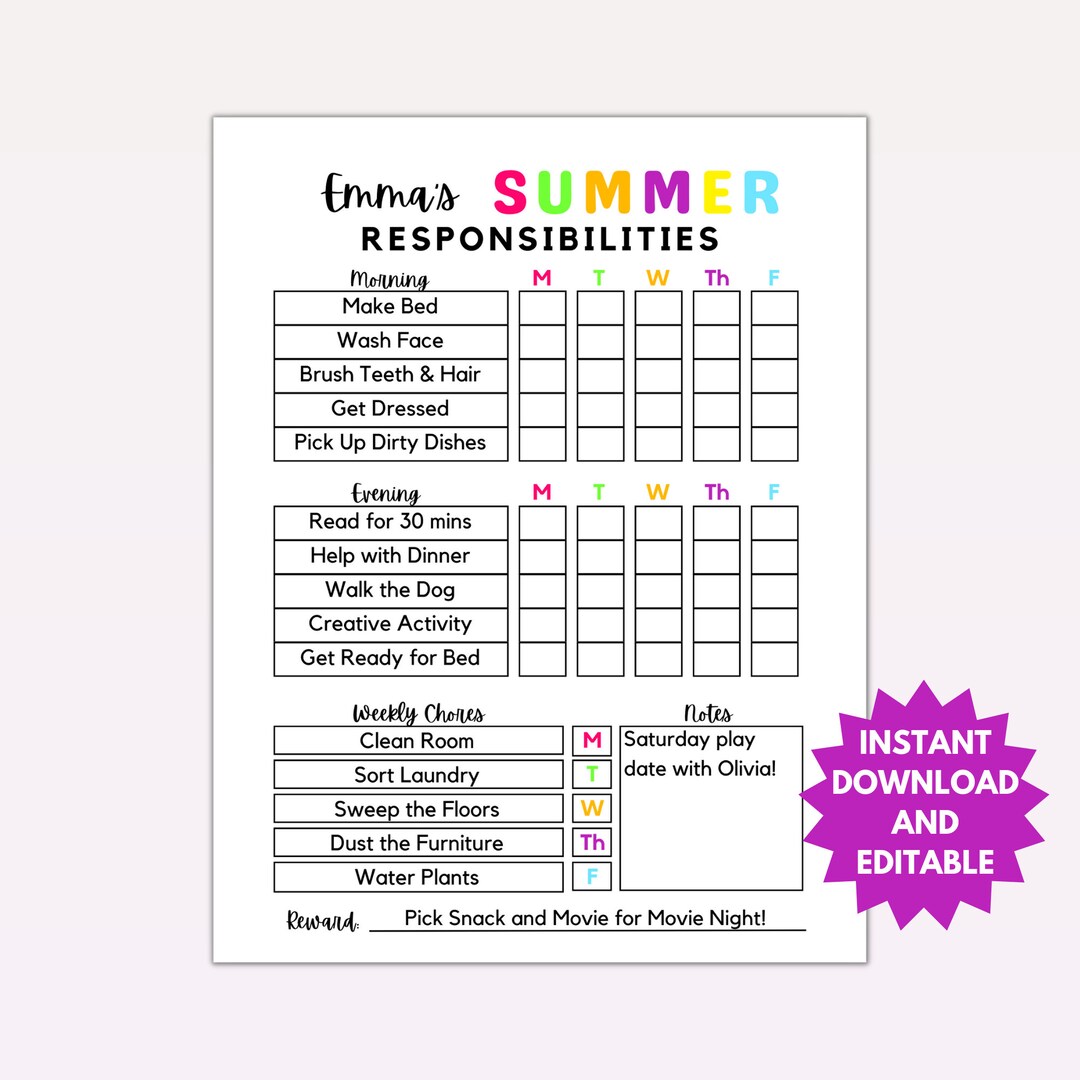 Editable Chore Chart for Kids Printable Chore Chart Daily& Weekly ...