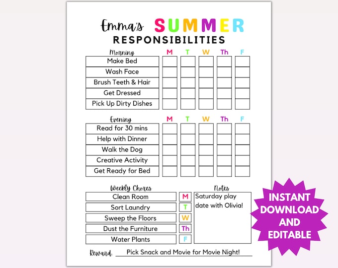 Editable Responsibility Chore Chart for Kids | Printable | Kids Daily ...
