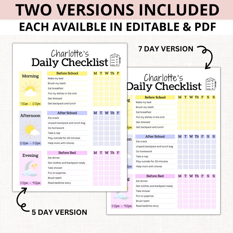 Kids Daily Checklist EDITABLE Kids Daily Chore Chart PRINTABLE Kids ...