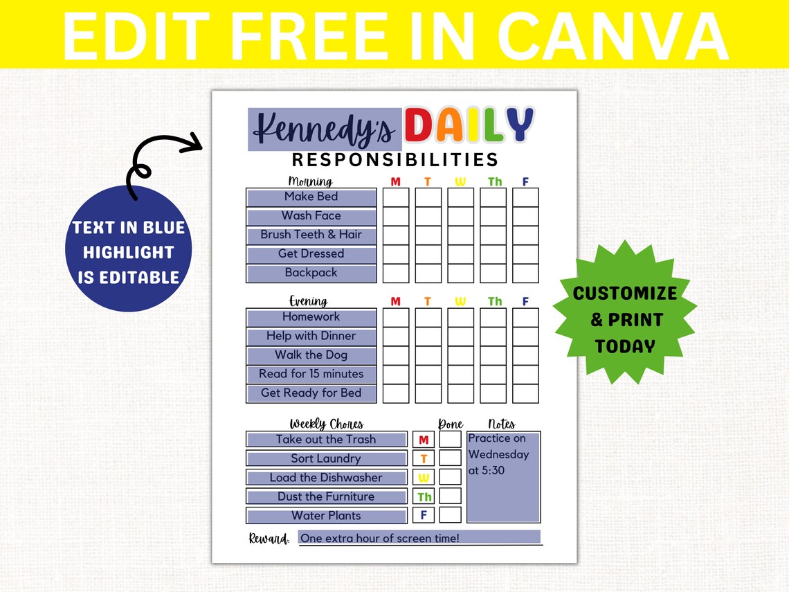 EDITABLE Chore Chart for Kids Responsibility Chart Kids Daily Checklist ...