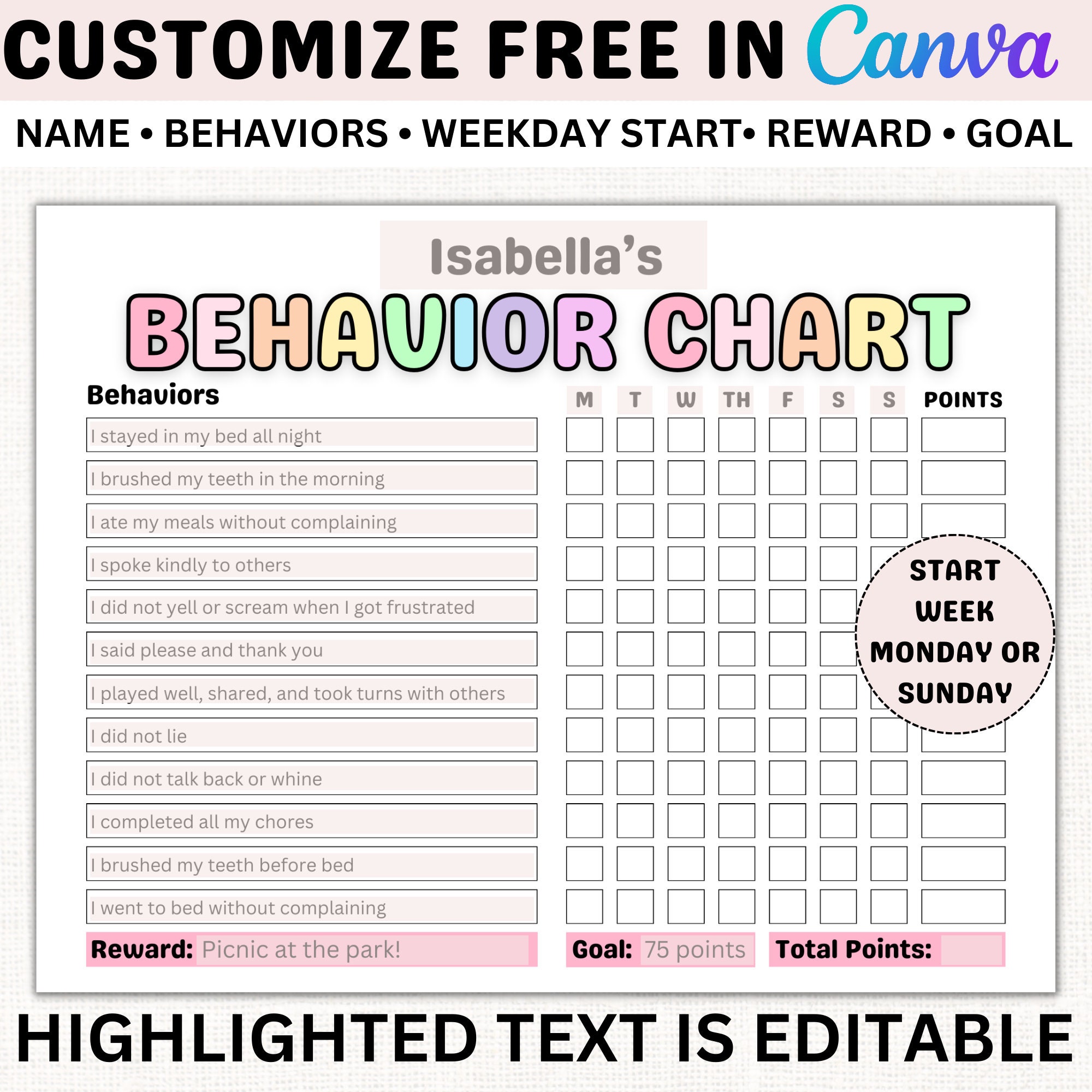 Kids Behavior Reward Chart PRINTABLE Behavior Tracker Behavior - Etsy