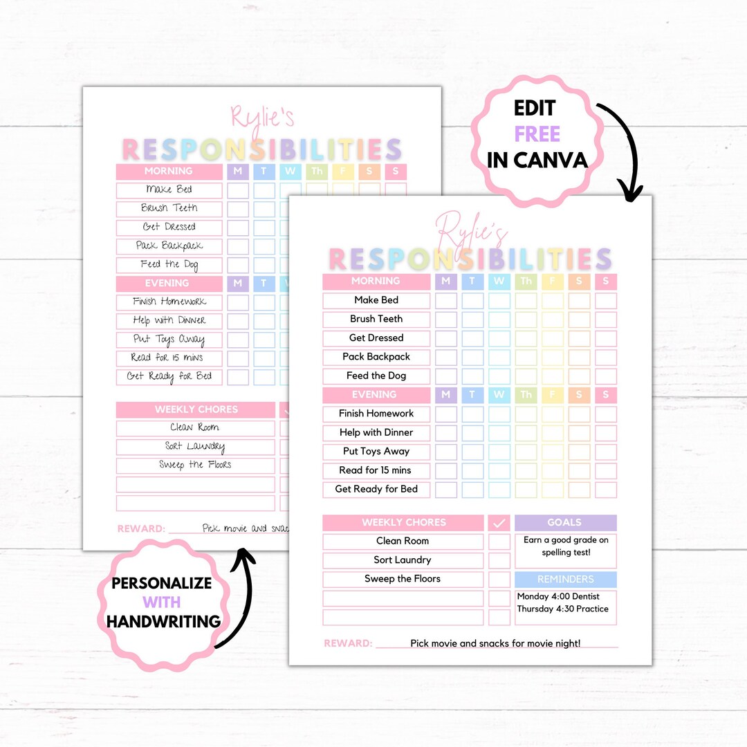 Chore Chart for Kids Responsibility Chart Printable Kid's - Etsy