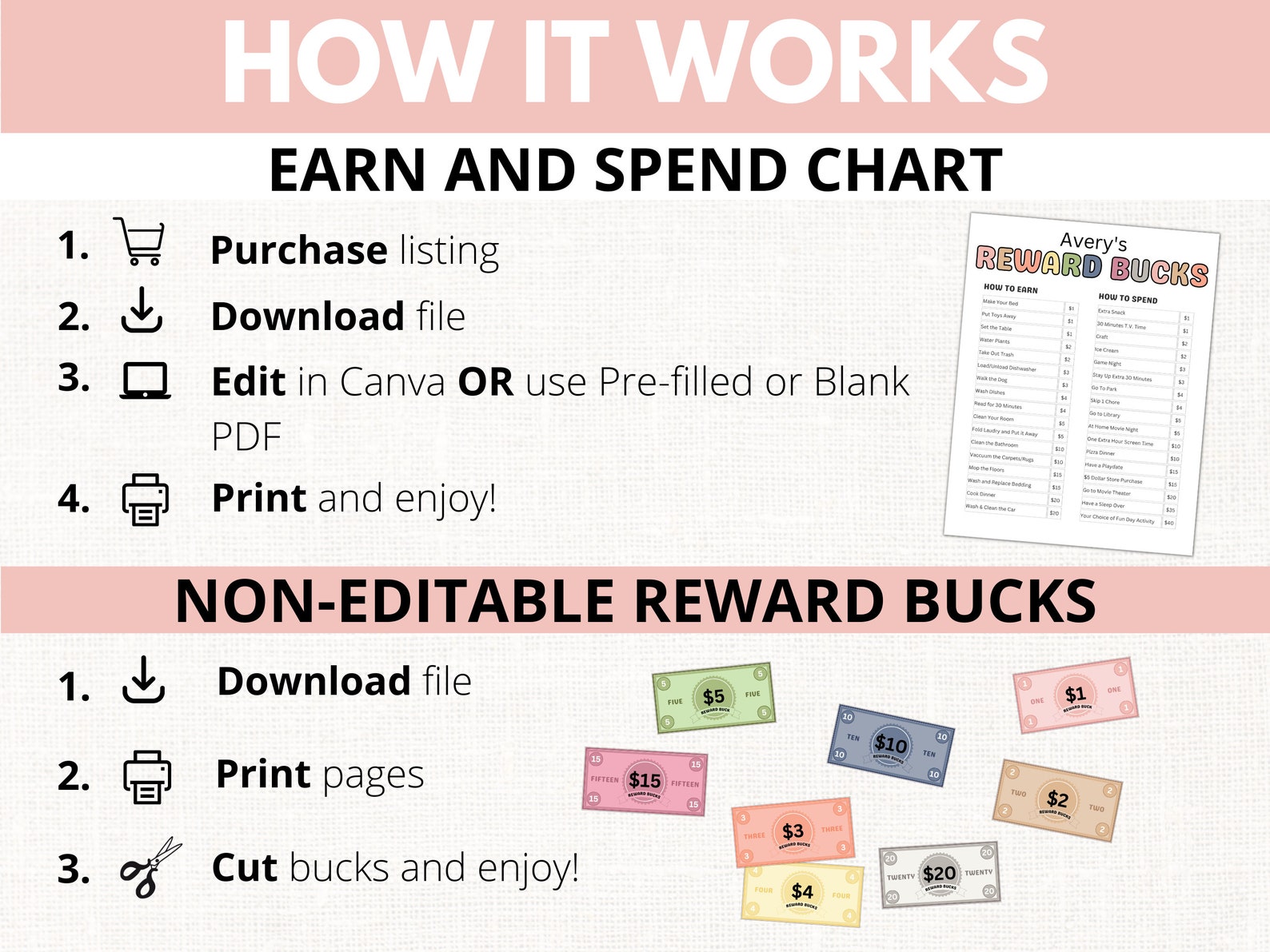 Editable Kids Reward Bucks PRINTABLE Reward Chart for Kids Reward ...