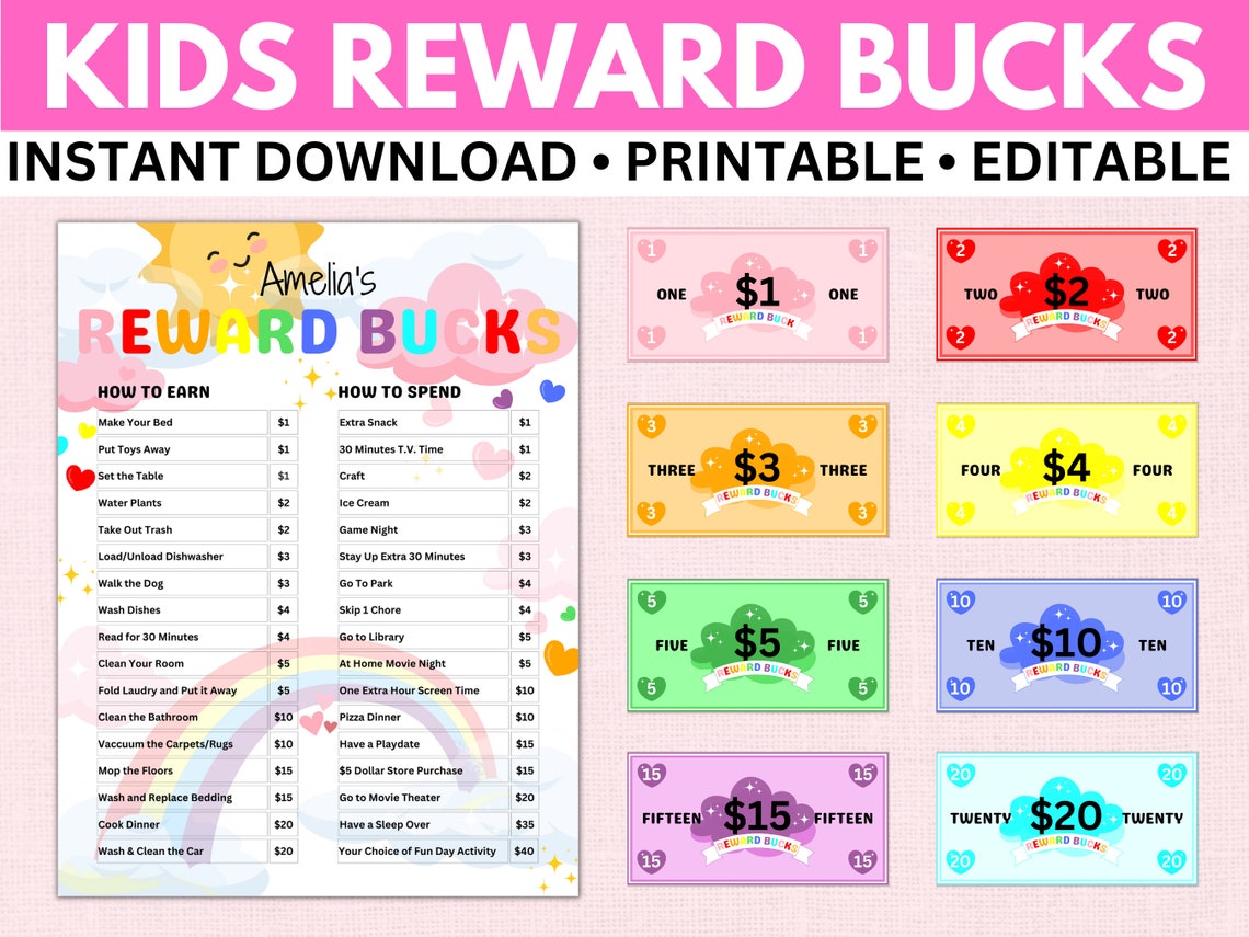 Rainbow Reward Chart of Kids Editable Kids Reward Bucks PRINTABLE ...