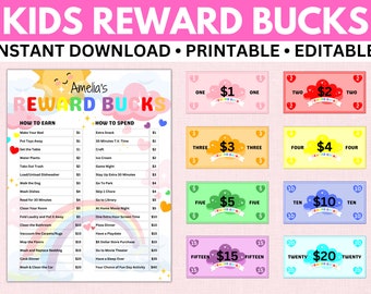 Editable Kids Reward Bucks PRINTABLE Reward Chart for Kids Reward ...