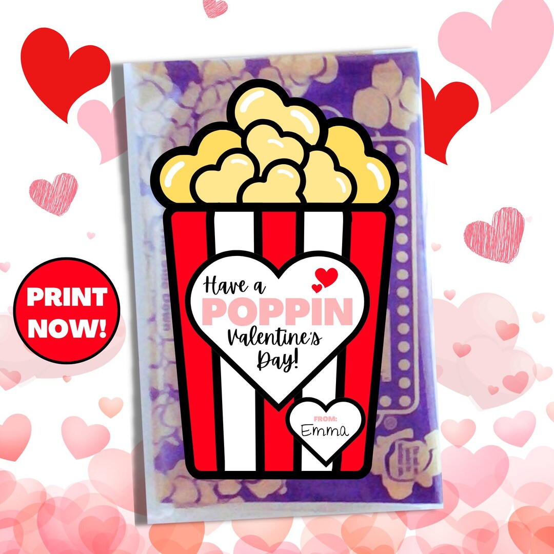 Kids Valentine Popcorn Tag, Printable Classroom Valentine Card, Poppin ...
