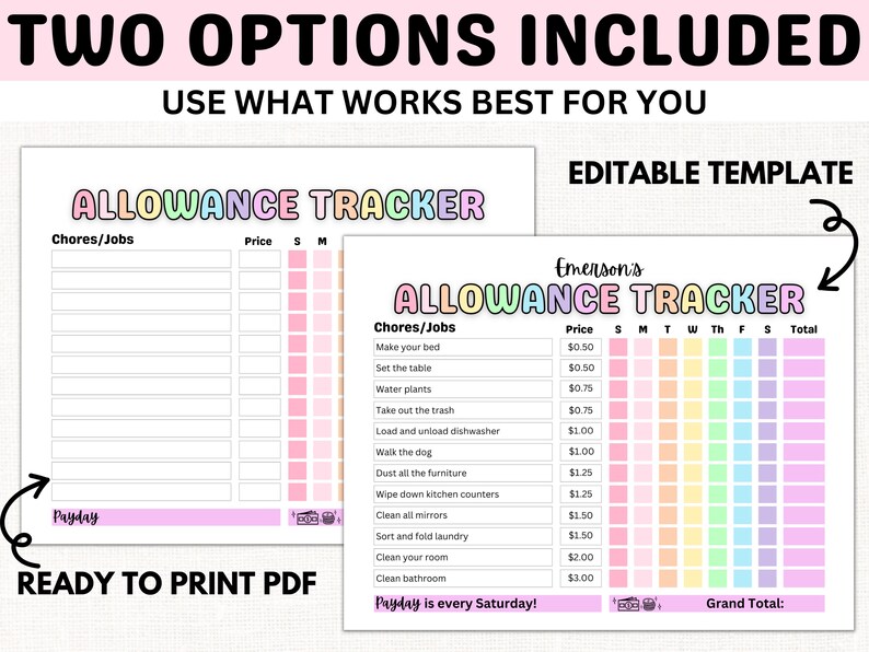 Allowance Tracker for Kids How to Earn Money Chart EDITABLE Allowance ...