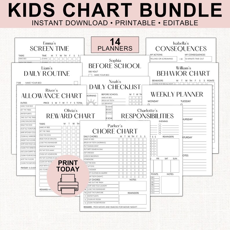 Chore Charts for Kids Editable Teen Responsibility Chart School ...