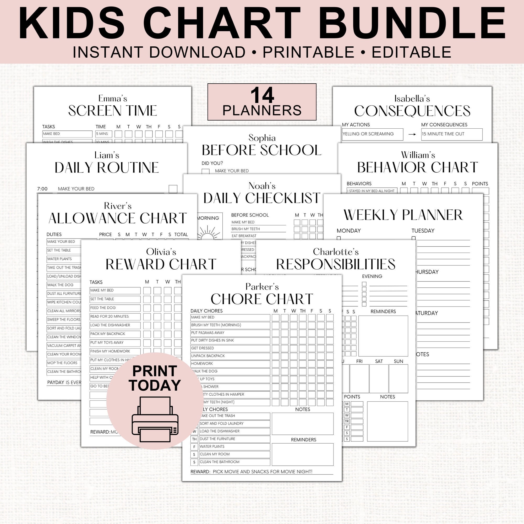 Chore Charts for Kids Editable Teen Responsibility Chart School ...