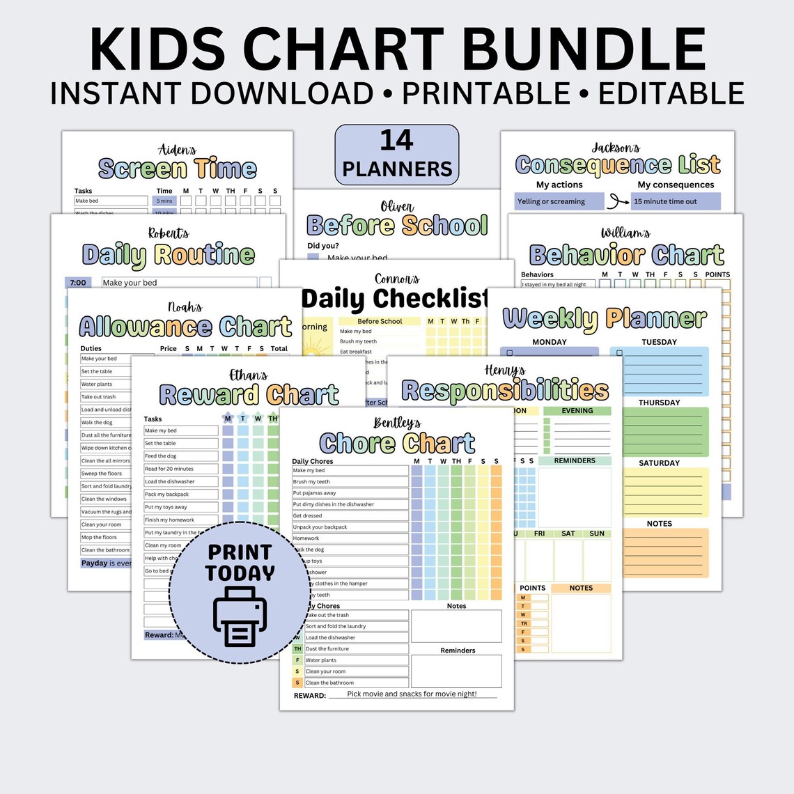 Chore Charts for Kids Editable Responsibility Chart School Routine ...