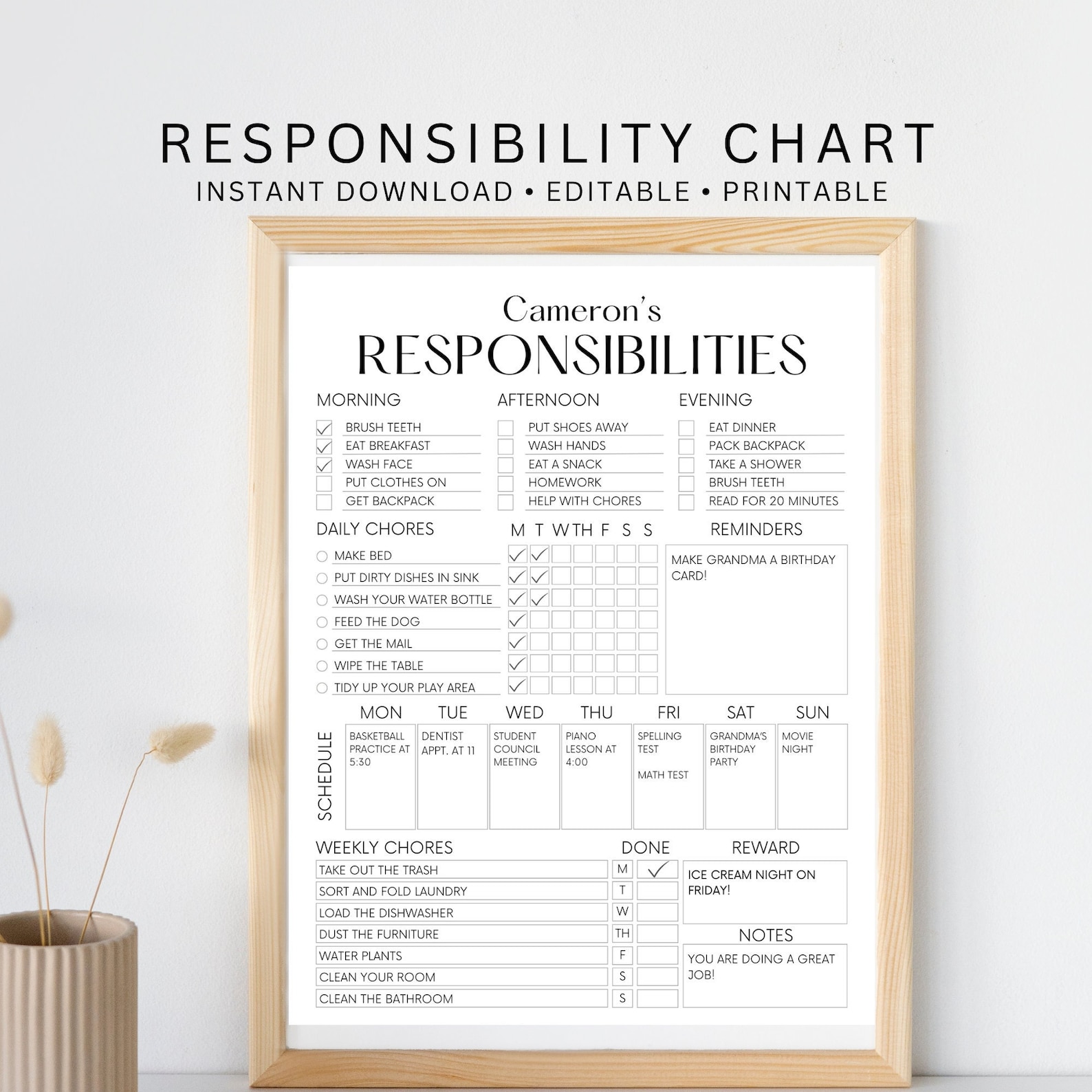 Responsibility Chart for Kids Chore Chart Teen EDITABLE Reward Chart ...