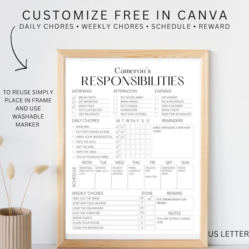 Responsibility Chart for Kids Chore Chart Teen EDITABLE Reward Chart ...