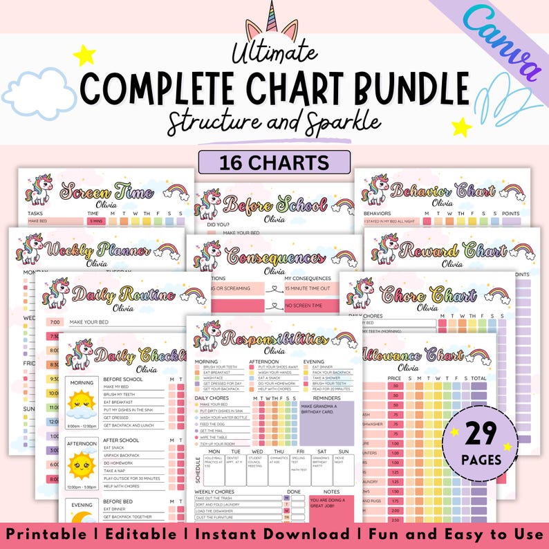 Printable Kids Chore Chart Bundle, Behavior Reward Daily Weekly Monthly ...