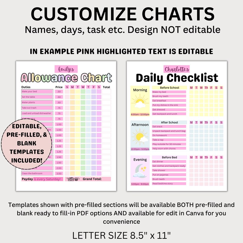 Chore Charts for Kids Editable Responsibility Chart School Routine ...