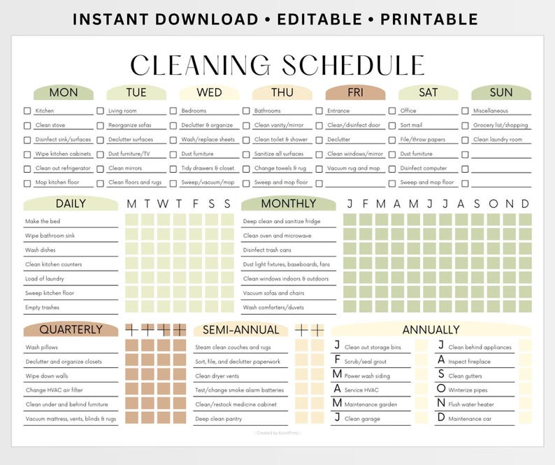 EDITABLE Cleaning Schedule PRINTABLE Cleaning List Household Chore ...
