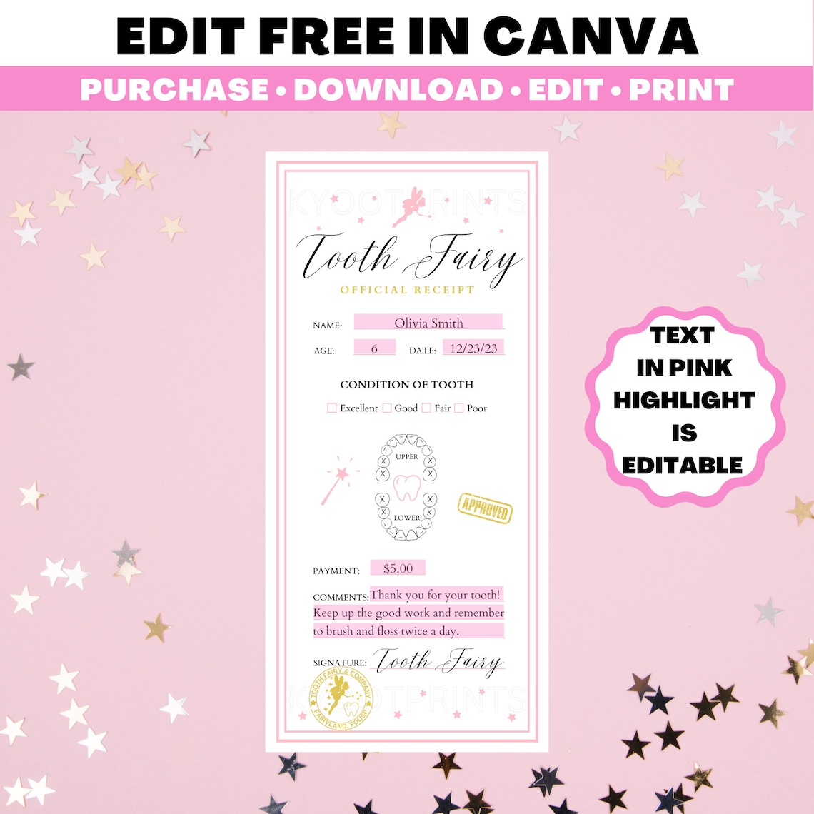 Tooth Fairy Receipt Printable, Editable Tooth Fairy Note, Instant ...