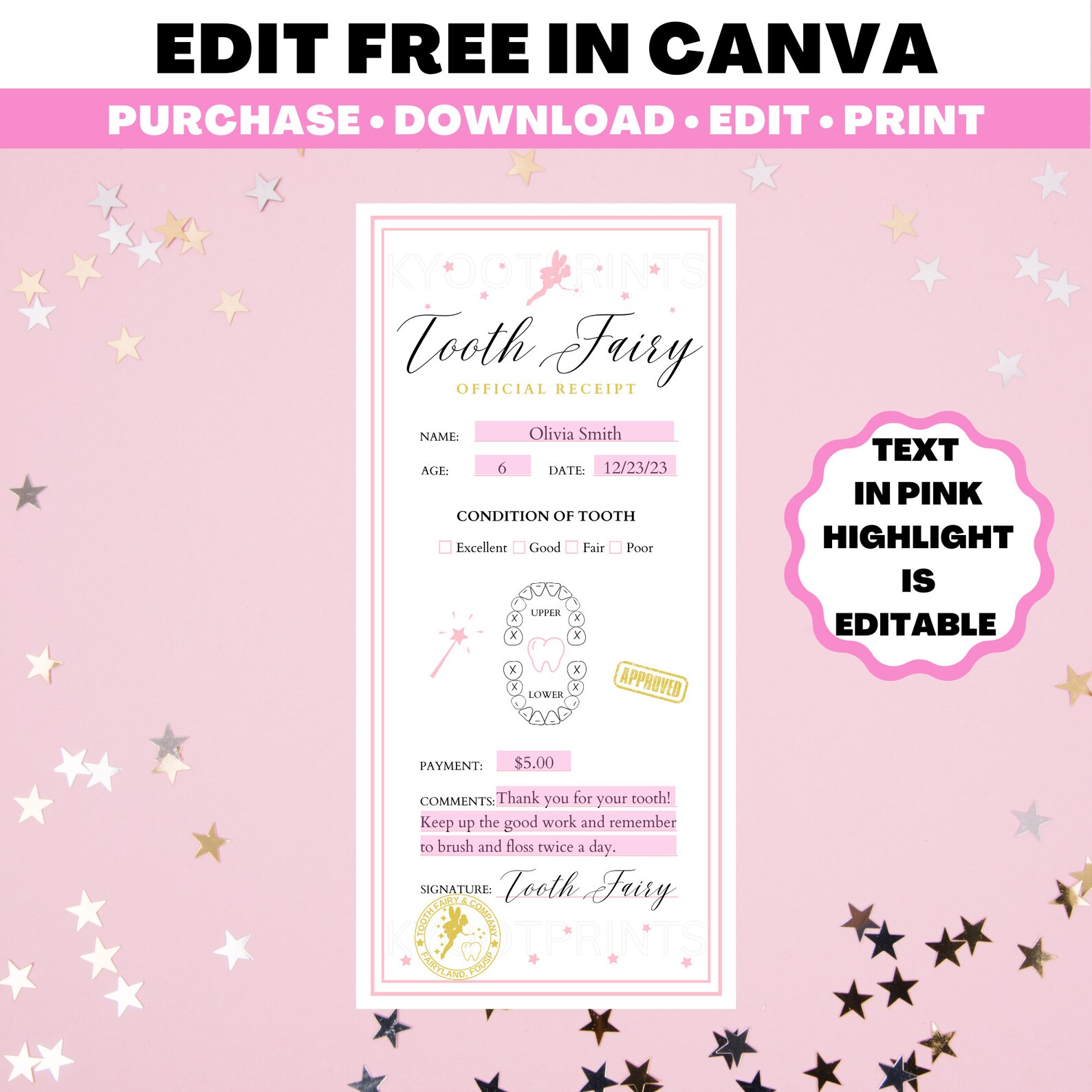 Tooth Fairy Receipt Printable, Editable Tooth Fairy Note, Instant ...