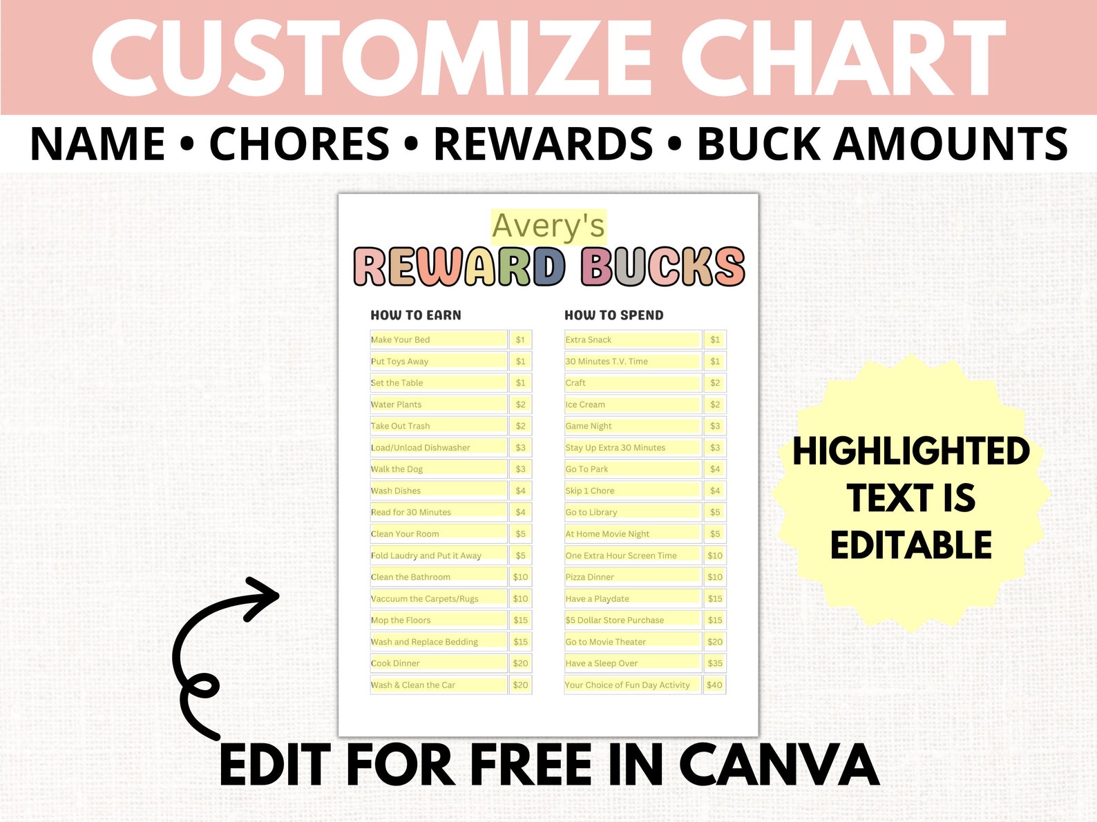 Editable Kids Reward Bucks PRINTABLE Reward Chart for Kids Reward ...