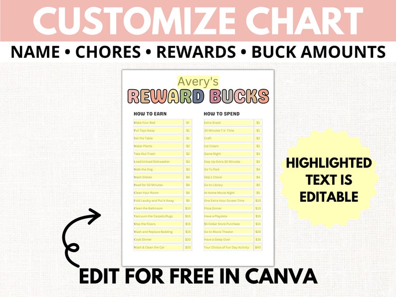 Editable Kids Reward Bucks PRINTABLE Reward Chart for Kids Reward ...
