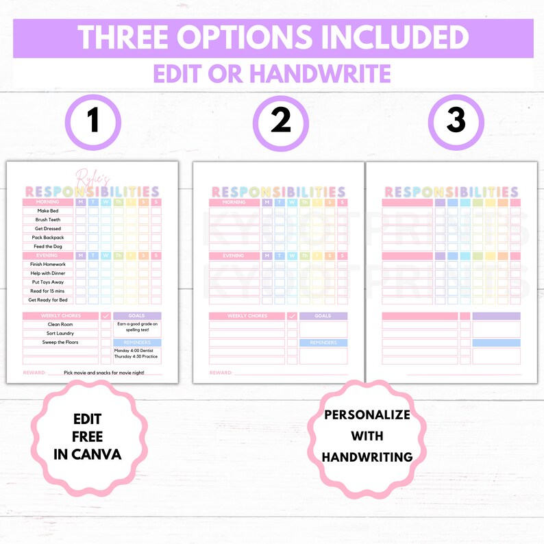 Chore Chart for Kids Responsibility Chart Printable Kid's Chores ...