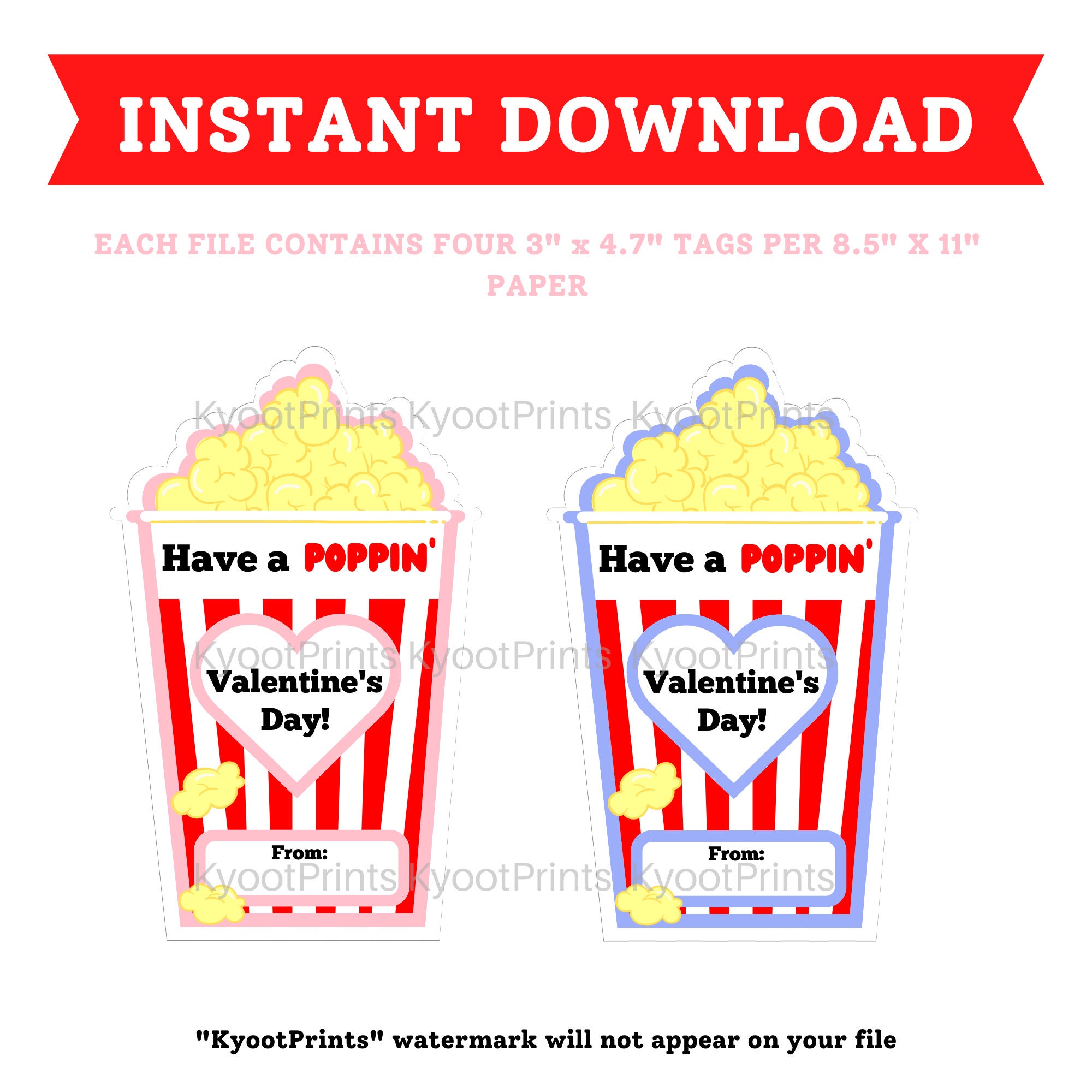 Printable Valentine Popcorn Tag Valentine's Day Card Kids School ...