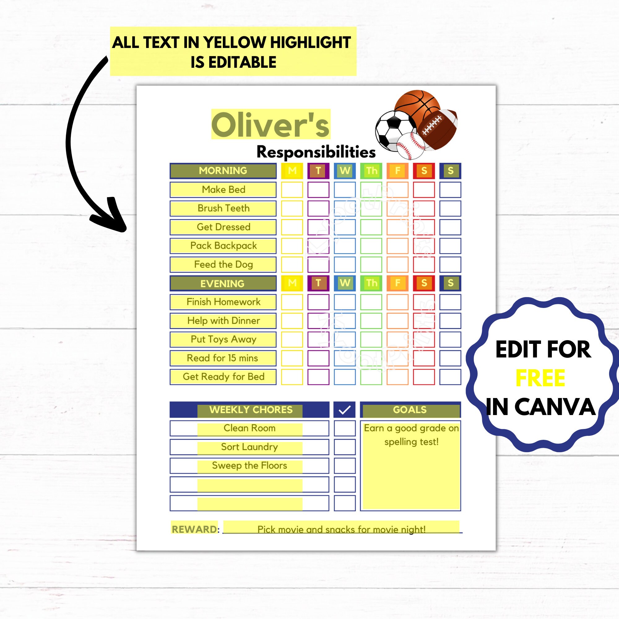 Chore Chart for Kids Responsibility Chart Printable Kid's Chores ...